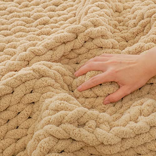 YAAPSU Chunky Knit Blanket Throw 51"x63", Soft Jumbo Chenille Throw Blanket, 100% Hand Knitted Throw Blankets for Couch Bed, Big Thick Yarn Cable Knit Blanket, Large Rope Knot Crochet Blanket (Tan)