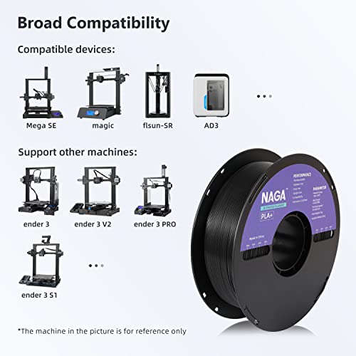 NAGA PLA Plus(PLA+) Filament 1.75mm, Strong Toughness Black PLA 1kg Spool(2.2lbs), PLA Pro 3D Printer Filament, Dimensional Accuracy +/- 0.02 mm, Fit Most FDM Printer