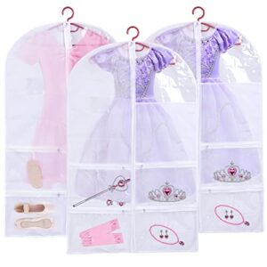 kids garment bags for dance costumes, hanging dance garment bag with multiple pockets, clear storage bags organize girls dance competitions dress, dance recitals, ballet costume, beauty pageants, 3pcs