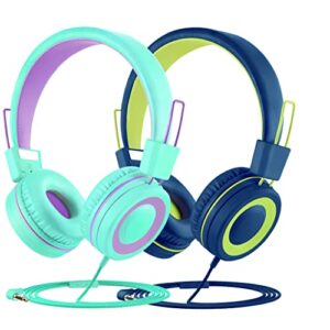 kids headphones with mic, on-ear kids headset stereo, volume limited 91db, share port, foldable adjustable 3.5mm jack kid headphones for boys girls toddler school laptop travel tablet, blue & green