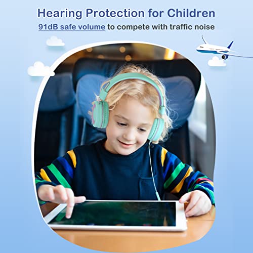 Kids Headphones with Mic, On-Ear Kids Headset Stereo, Volume Limited 91dB, Share Port, Foldable Adjustable 3.5mm Jack Kid Headphones for Boys Girls Toddler School Laptop Travel Tablet, Blue & Green