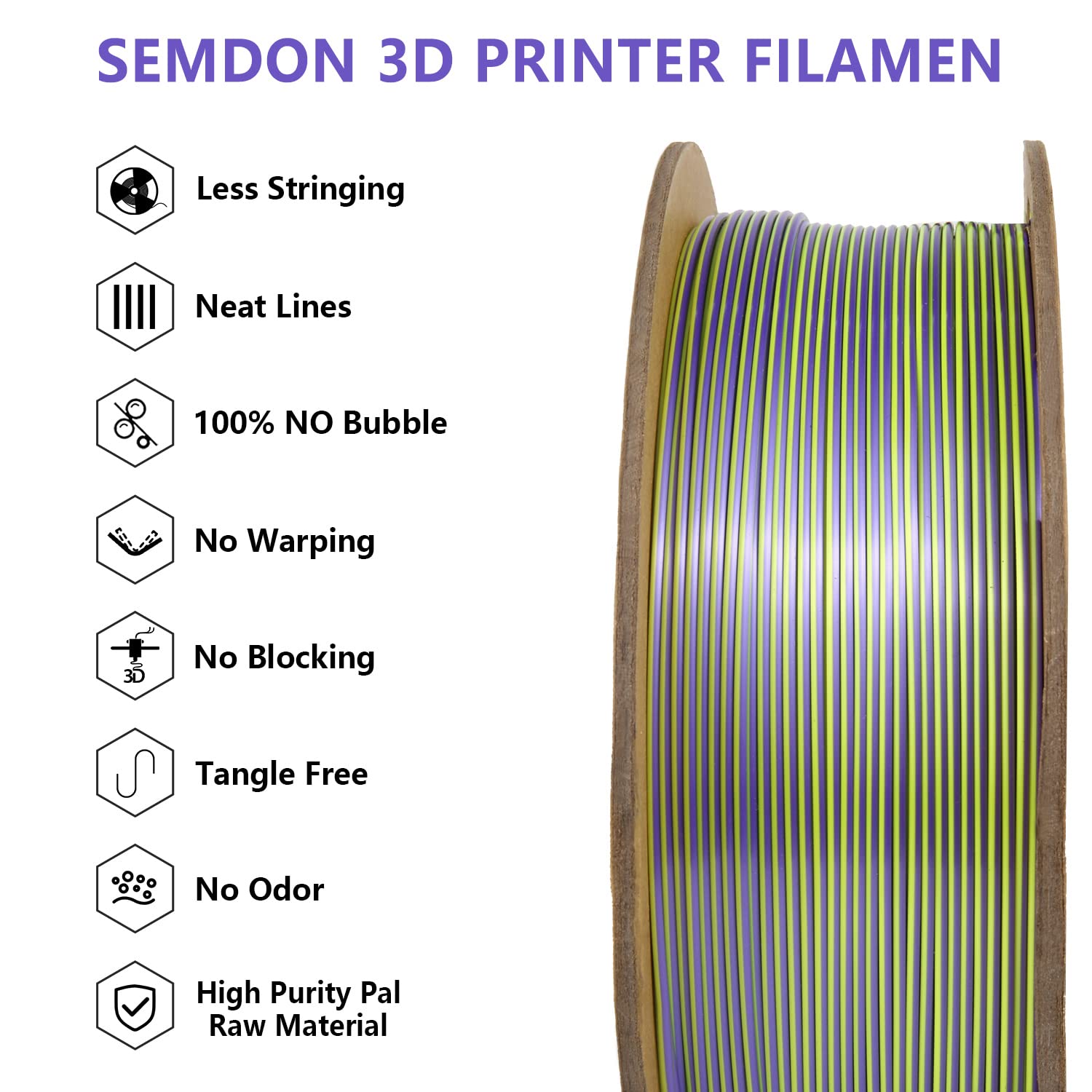 Semdon 1.75mm PLA Bundle 1kg Silk Multicolor Coextrusion Tricolor Bicolor Dualcolor Spool, 3D Printer Filament Dimensional Accuracy of +/- 0.02mm and Fit Most FDM 3D Printer (Purple-Yellow)