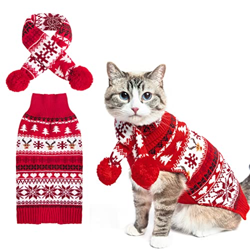 KOOLTAIL Cat Christmas Sweater and Scarf Set Holiday Outfit with Elk Snowflakes Pattern Winter Warm Clothes for Cats Kitten Small Dogs Puppy