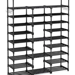 Tribesigns 9 Tier Shoe Rack Shoe Shelf Large Shoe Rack Storage Organizer for Entryway with Side Hooks, 50-55 Pairs Metal Shoe Racks Shoe and Boots Shelf for Closet