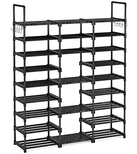 Tribesigns 9 Tier Shoe Rack Shoe Shelf Large Shoe Rack Storage Organizer for Entryway with Side Hooks, 50-55 Pairs Metal Shoe Racks Shoe and Boots Shelf for Closet