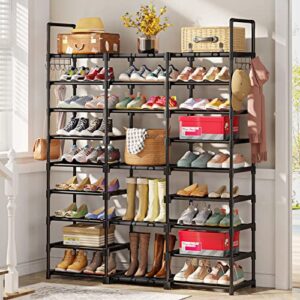 Tribesigns 9 Tier Shoe Rack Shoe Shelf Large Shoe Rack Storage Organizer for Entryway with Side Hooks, 50-55 Pairs Metal Shoe Racks Shoe and Boots Shelf for Closet