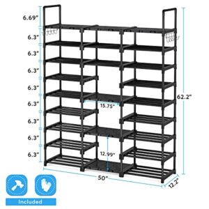 Tribesigns 9 Tier Shoe Rack Shoe Shelf Large Shoe Rack Storage Organizer for Entryway with Side Hooks, 50-55 Pairs Metal Shoe Racks Shoe and Boots Shelf for Closet