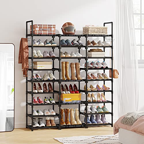 Tribesigns 9 Tier Shoe Rack Shoe Shelf Large Shoe Rack Storage Organizer for Entryway with Side Hooks, 50-55 Pairs Metal Shoe Racks Shoe and Boots Shelf for Closet