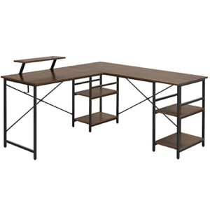 techni mobili office desk - reversible l shaped desk with storage shelves, monitor stand & accessory holder - ergonomic & industrial workstation corner table with durable steel frame, walnut