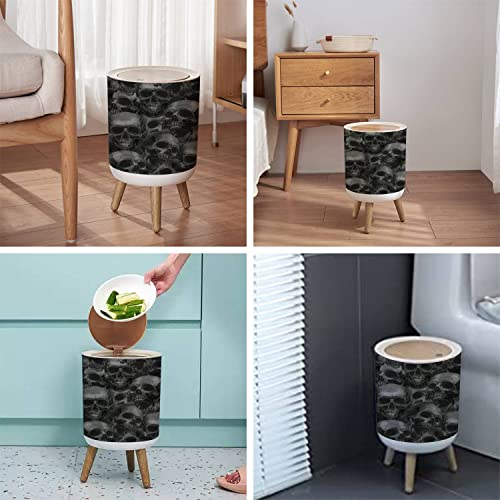 Small Trash Can with Lid for Bathroom Kitchen Office Diaper Black white human skulls Monochrome ornament Scary Halloween Suitable Bedroom Garbage Trash Bin Dog Proof Waste Basket Cute Decorative