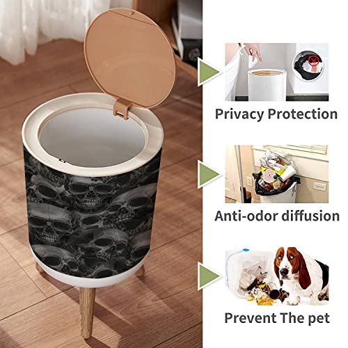 Small Trash Can with Lid for Bathroom Kitchen Office Diaper Black white human skulls Monochrome ornament Scary Halloween Suitable Bedroom Garbage Trash Bin Dog Proof Waste Basket Cute Decorative