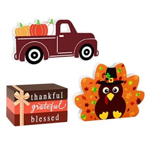 Thanksgiving Wooden Decor - 5 PCS Faux Decorative Book Stack & Turkey Truck Table Signs, Fall Tiered Tray Decor for Farmhouse Autumn Harvest Thanksgiving Decorations