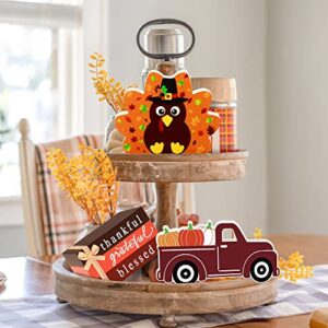 thanksgiving wooden decor - 5 pcs faux decorative book stack & turkey truck table signs, fall tiered tray decor for farmhouse autumn harvest thanksgiving decorations