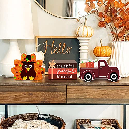 Thanksgiving Wooden Decor - 5 PCS Faux Decorative Book Stack & Turkey Truck Table Signs, Fall Tiered Tray Decor for Farmhouse Autumn Harvest Thanksgiving Decorations