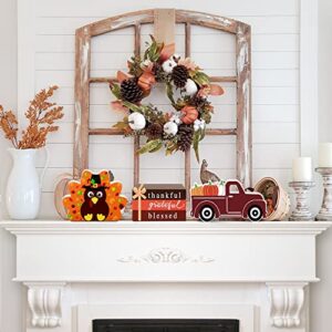 Thanksgiving Wooden Decor - 5 PCS Faux Decorative Book Stack & Turkey Truck Table Signs, Fall Tiered Tray Decor for Farmhouse Autumn Harvest Thanksgiving Decorations