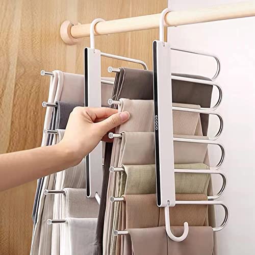 2 Pack Adjustable 6 in 1 Pants Hangers,Multi-Layer Hanger Made of Plastic & Aluminum for Wardrobe,Home Storage for Organizer,Folding Space Saver Storage for Trousers Scarf Tie Belt (2 Pack)