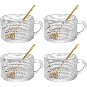 ZOOFOX Set of 4 Glass Coffee Mugs, 14 Oz Clear Glass Cups with Golden Spoons, Vintage Embossed Coffee Cups Set for Latte, Espresso, Cappuccino, Cereal, Yogurt, Tea and Hot Beverage