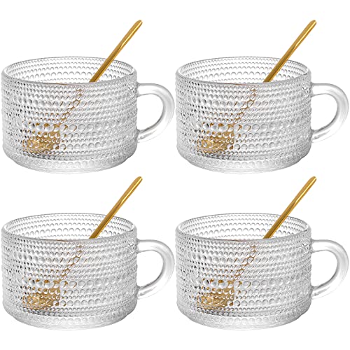 ZOOFOX Set of 4 Glass Coffee Mugs, 14 Oz Clear Glass Cups with Golden Spoons, Vintage Embossed Coffee Cups Set for Latte, Espresso, Cappuccino, Cereal, Yogurt, Tea and Hot Beverage