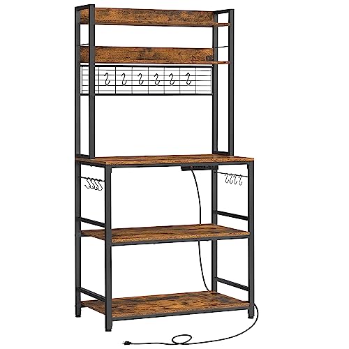 VASAGLE Hutch Bakers Rack with Power Outlet, 14 Hooks Microwave Stand, Adjustable Coffee Bar with Metal Wire Panel, Kitchen Storage Shelf, 15.7 x 31.5 x 66.9 Inches, Rustic Brown and Black UKKS025B01