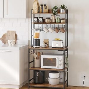 VASAGLE Hutch Bakers Rack with Power Outlet, 14 Hooks Microwave Stand, Adjustable Coffee Bar with Metal Wire Panel, Kitchen Storage Shelf, 15.7 x 31.5 x 66.9 Inches, Rustic Brown and Black UKKS025B01