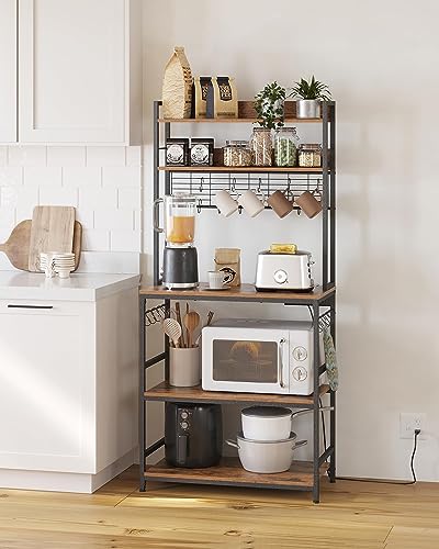 VASAGLE Hutch Bakers Rack with Power Outlet, 14 Hooks Microwave Stand, Adjustable Coffee Bar with Metal Wire Panel, Kitchen Storage Shelf, 15.7 x 31.5 x 66.9 Inches, Rustic Brown and Black UKKS025B01