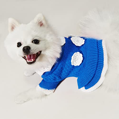 Joytale Small Dog Sweater Turtleneck Dress, Soft Warm Winter Pet Cable Knitwear Clothes with Cute Flower, Girl Boy Dog Pullover Knitted Sweaters for Cats Puppies Extra Small Dogs, Blue