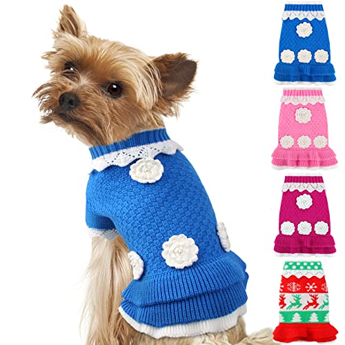 Joytale Small Dog Sweater Turtleneck Dress, Soft Warm Winter Pet Cable Knitwear Clothes with Cute Flower, Girl Boy Dog Pullover Knitted Sweaters for Cats Puppies Extra Small Dogs, Blue