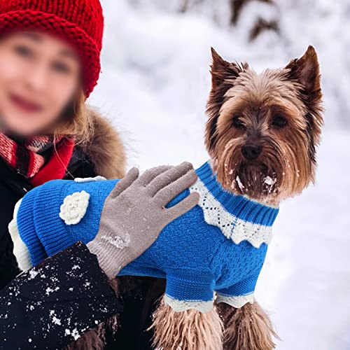 Joytale Small Dog Sweater Turtleneck Dress, Soft Warm Winter Pet Cable Knitwear Clothes with Cute Flower, Girl Boy Dog Pullover Knitted Sweaters for Cats Puppies Extra Small Dogs, Blue