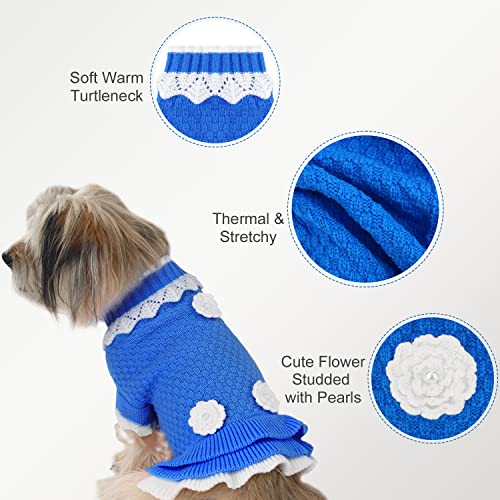 Joytale Small Dog Sweater Turtleneck Dress, Soft Warm Winter Pet Cable Knitwear Clothes with Cute Flower, Girl Boy Dog Pullover Knitted Sweaters for Cats Puppies Extra Small Dogs, Blue