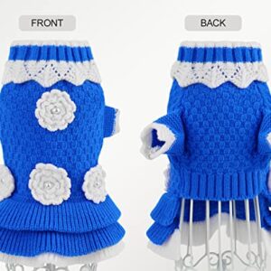 Joytale Small Dog Sweater Turtleneck Dress, Soft Warm Winter Pet Cable Knitwear Clothes with Cute Flower, Girl Boy Dog Pullover Knitted Sweaters for Cats Puppies Extra Small Dogs, Blue