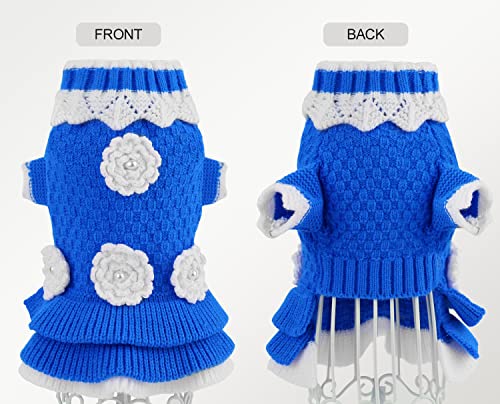 Joytale Small Dog Sweater Turtleneck Dress, Soft Warm Winter Pet Cable Knitwear Clothes with Cute Flower, Girl Boy Dog Pullover Knitted Sweaters for Cats Puppies Extra Small Dogs, Blue