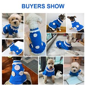 Joytale Small Dog Sweater Turtleneck Dress, Soft Warm Winter Pet Cable Knitwear Clothes with Cute Flower, Girl Boy Dog Pullover Knitted Sweaters for Cats Puppies Extra Small Dogs, Blue