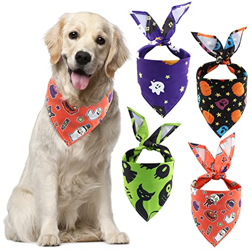 Halloween Dog Bandanas, 4 Pack Triangle Scarves Bibs for Dogs, Adjustable Premium Durable Fabric, Pumpkin Ghost Witch Horror Holiday Pet Bandanas for Small Medium Large Dogs Cats Pets