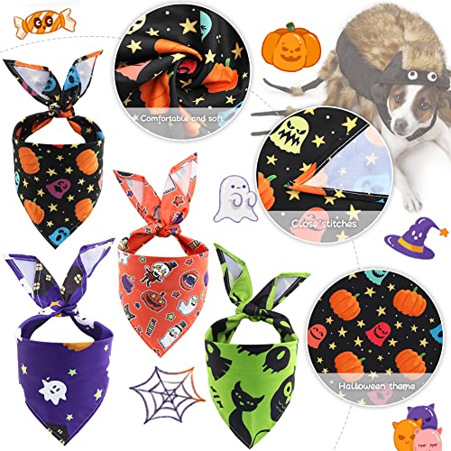 Halloween Dog Bandanas, 4 Pack Triangle Scarves Bibs for Dogs, Adjustable Premium Durable Fabric, Pumpkin Ghost Witch Horror Holiday Pet Bandanas for Small Medium Large Dogs Cats Pets