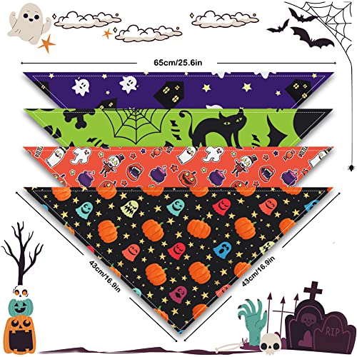 Halloween Dog Bandanas, 4 Pack Triangle Scarves Bibs for Dogs, Adjustable Premium Durable Fabric, Pumpkin Ghost Witch Horror Holiday Pet Bandanas for Small Medium Large Dogs Cats Pets