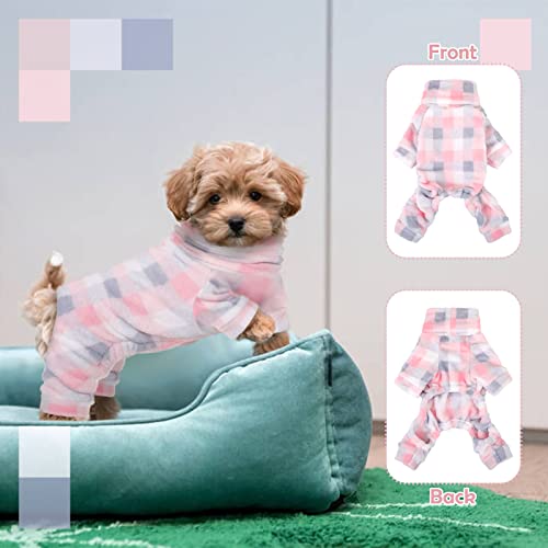 OUOBOB Dog Pajamas for Small Dogs, Pet Clothes Jumpsuit 4 Legs Dog Bosysuit Stretchy Puppy Onesies Breathable & Soft Dog Pjs Warm Apparel Classic Plaid Doggie Shirts Puppy Rompers Sleepwear