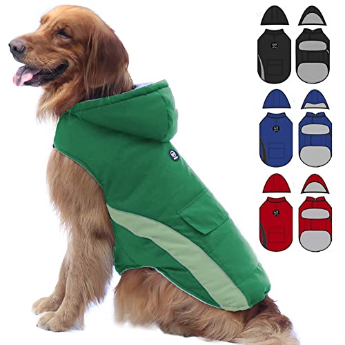 EMUST Dog Cold Weather Coat, Waterproof Dog Jackets for Large Dogs with Reflective Strip, Cozy Large Dog Coats for Winter, Thick Windproof Dog Winter Clothes for Puppy, L/Green