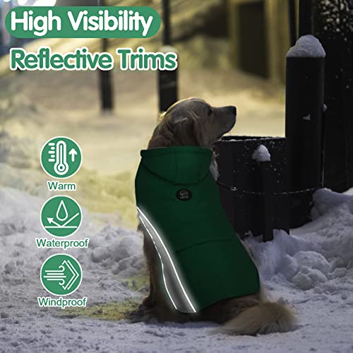 EMUST Dog Cold Weather Coat, Waterproof Dog Jackets for Large Dogs with Reflective Strip, Cozy Large Dog Coats for Winter, Thick Windproof Dog Winter Clothes for Puppy, L/Green