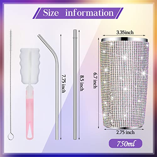 20 oz Bling Tumbler Bling Cups Rhinestone Water Bottle with Lid Straw and Brush Stainless Steel Thermal Straw Cup for Women (AB Color, Pink)