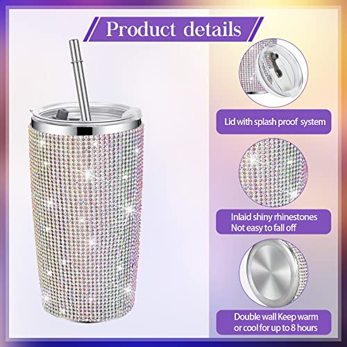 20 oz Bling Tumbler Bling Cups Rhinestone Water Bottle with Lid Straw and Brush Stainless Steel Thermal Straw Cup for Women (AB Color, Pink)