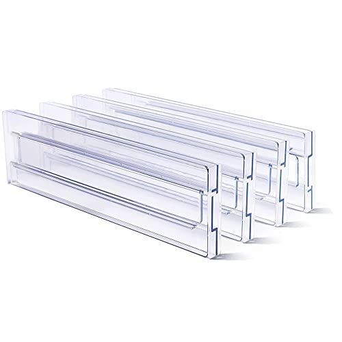 HSYP WOOD Adjustable Drawer Dividers for Clothing & Home Utensils-4 Pack of Clear Plastic Drawer Organizers, 3.2", Expandable 11-19". Ideal for Kitchen Organizers and Storage