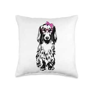 longhaired dachshund mom dog messy bun tee longhaired dachshund dog with bandana glasses throw pillow, 16x16, multicolor