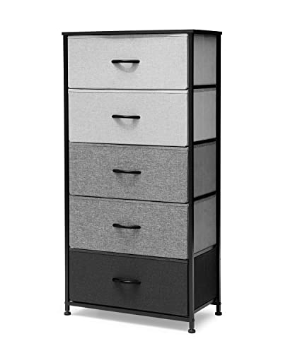 JOINHOM Dresser Storage Tower with 5 Drawers, Fabric Tall Dresser Drawer for Bedroom, Office, Entryway, Living Room and Closet- Sturdy Steel Frame, Easy Pull Bins & Wooden Top