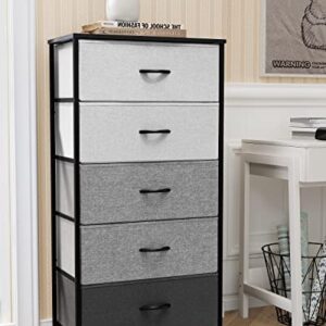 JOINHOM Dresser Storage Tower with 5 Drawers, Fabric Tall Dresser Drawer for Bedroom, Office, Entryway, Living Room and Closet- Sturdy Steel Frame, Easy Pull Bins & Wooden Top