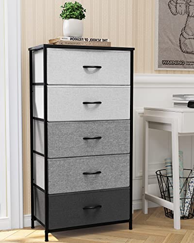 JOINHOM Dresser Storage Tower with 5 Drawers, Fabric Tall Dresser Drawer for Bedroom, Office, Entryway, Living Room and Closet- Sturdy Steel Frame, Easy Pull Bins & Wooden Top