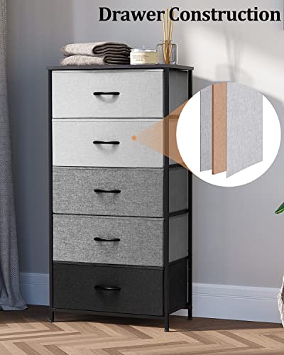 JOINHOM Dresser Storage Tower with 5 Drawers, Fabric Tall Dresser Drawer for Bedroom, Office, Entryway, Living Room and Closet- Sturdy Steel Frame, Easy Pull Bins & Wooden Top