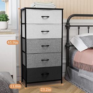 JOINHOM Dresser Storage Tower with 5 Drawers, Fabric Tall Dresser Drawer for Bedroom, Office, Entryway, Living Room and Closet- Sturdy Steel Frame, Easy Pull Bins & Wooden Top