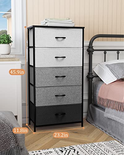 JOINHOM Dresser Storage Tower with 5 Drawers, Fabric Tall Dresser Drawer for Bedroom, Office, Entryway, Living Room and Closet- Sturdy Steel Frame, Easy Pull Bins & Wooden Top