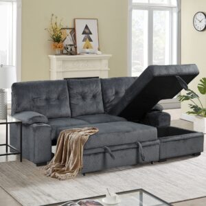 l-shaped sectional sofa, yoglad convertible pull out bed, sleeper couch with storage lounge chaise on right hand side, corner sofa bed with cup holder, 95", furniture for living room (polyester, gray)