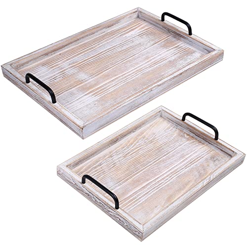 LotFancy Rustic Wood Serving Trays, Set of 2, Nesting Food Trays with Metal Handles, Decorative Charcuterie Board Platter for Ottoman, Coffee Table, Countertop Centerpiece